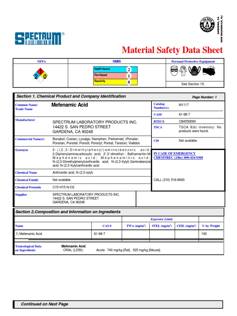 Material Safety Data Sheet: Mefenamic Acid