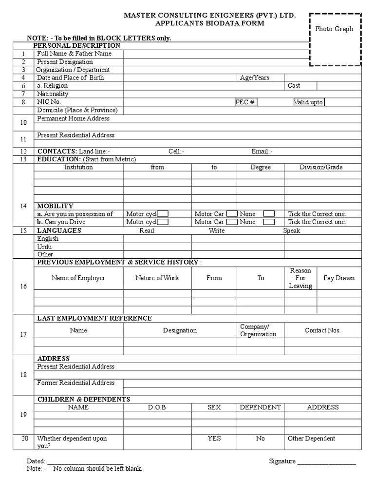 MCE Engrs Bio Data Form A-4 | PDF | Computing | Business