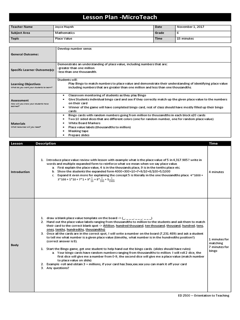 Lesson Plan - Microteach: Teacher Name Date Subject Area Grade Topic Time | PDF | Psychological ...