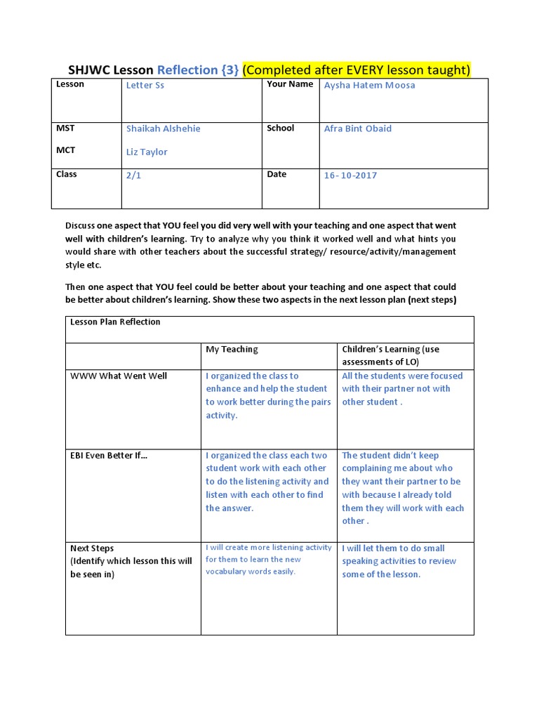 lesson plan reflection 3