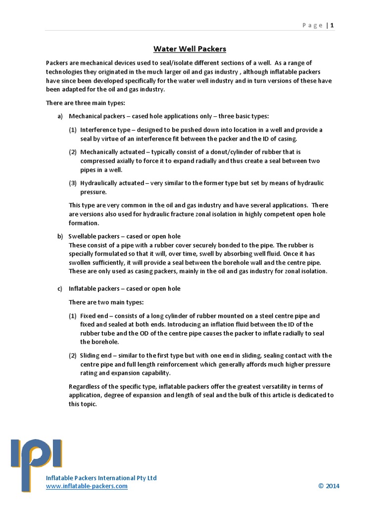 Water Well Packers: Inflatable Packers International Pty LTD © 2014 ...