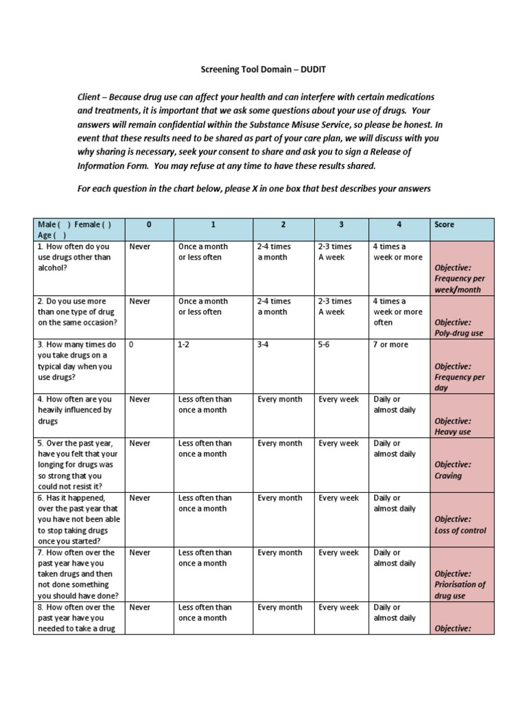 Screening Tool Domain - DUDIT: 0 1 2 3 4 Score | PDF | Substance Abuse ...