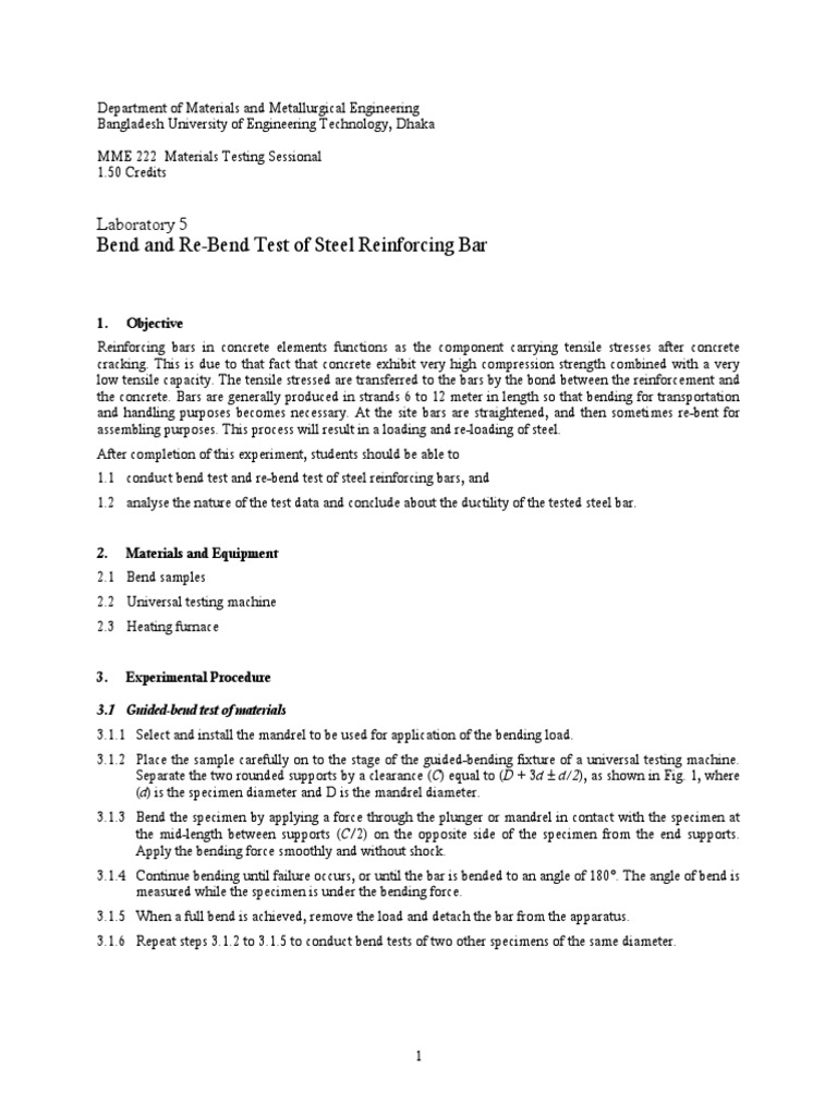 Bend and Re-Bend Test of Steel Reinforcing Bar: Laboratory 5 | PDF ...