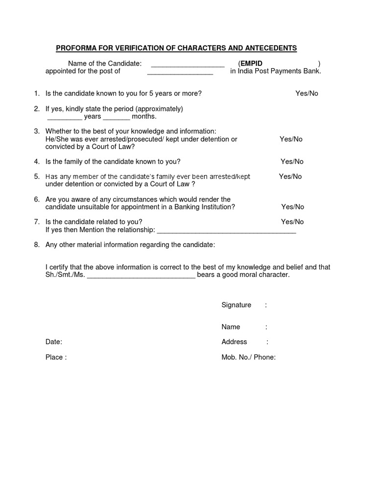 Proforma For Verifications of Character & Antecedents From References 3 ...