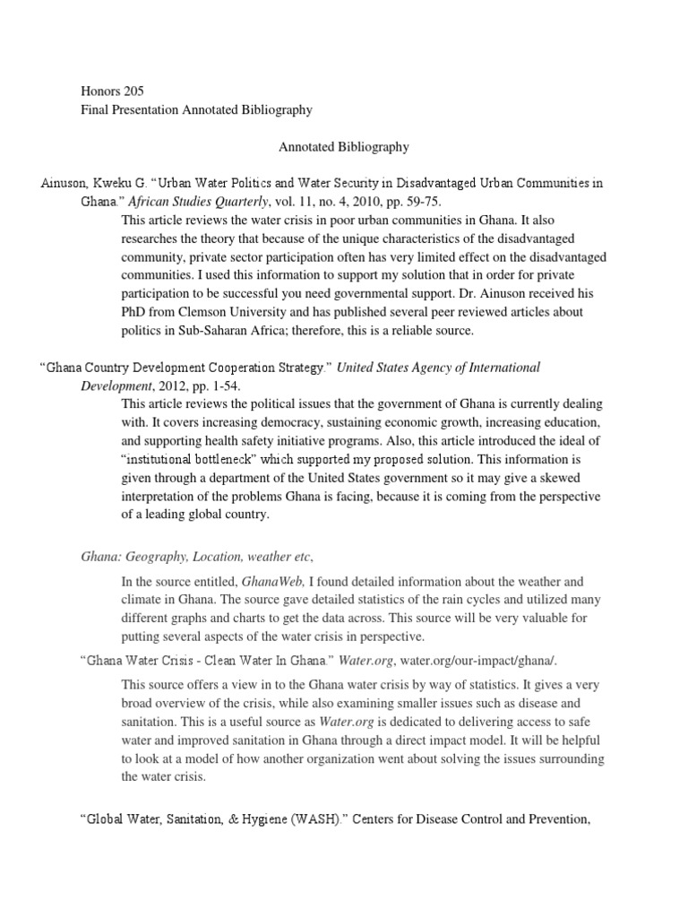 Final Presentation Annotated Bibliography | PDF | Sanitation | Ghana