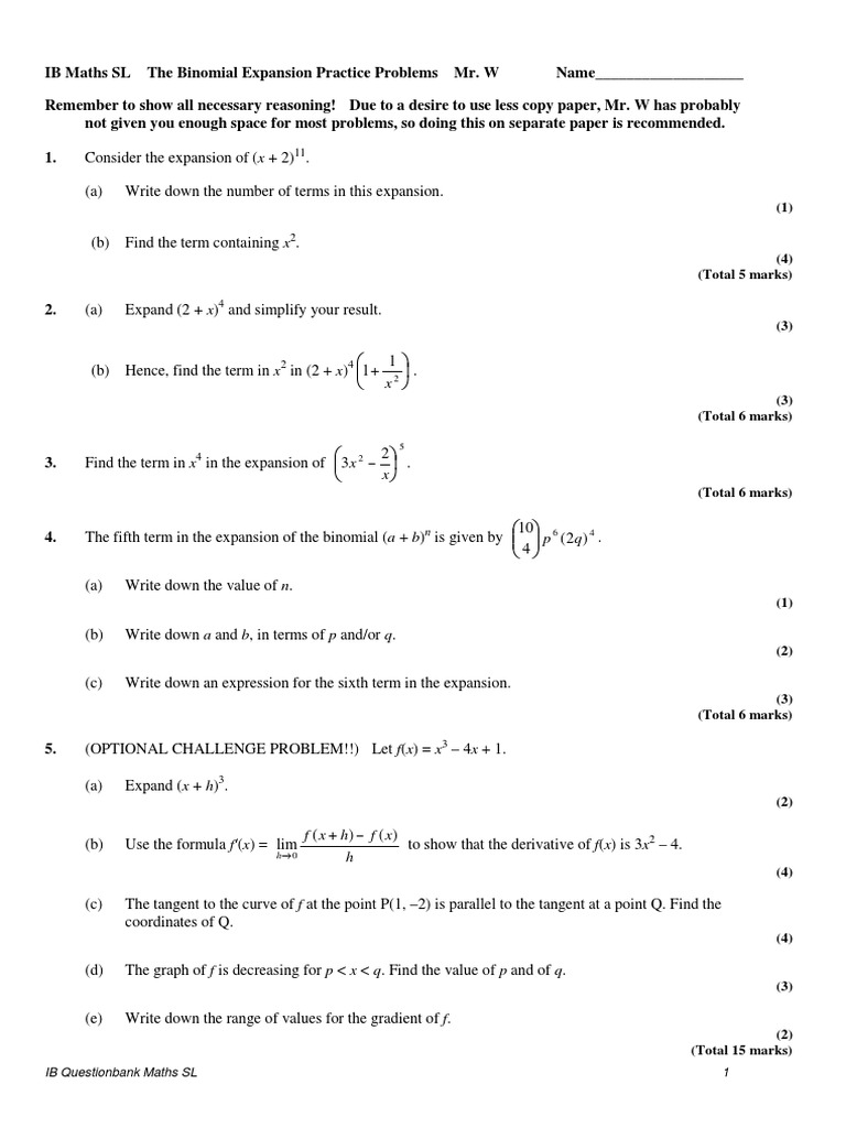 Binomial Expansion Practice Problems and Markscheme | PDF ...