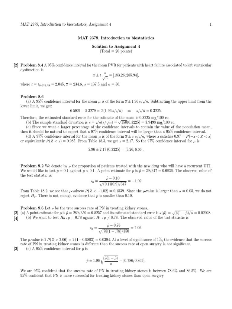 MAT2379 - Assignment #4 Solutions | PDF | P Value | Confidence Interval