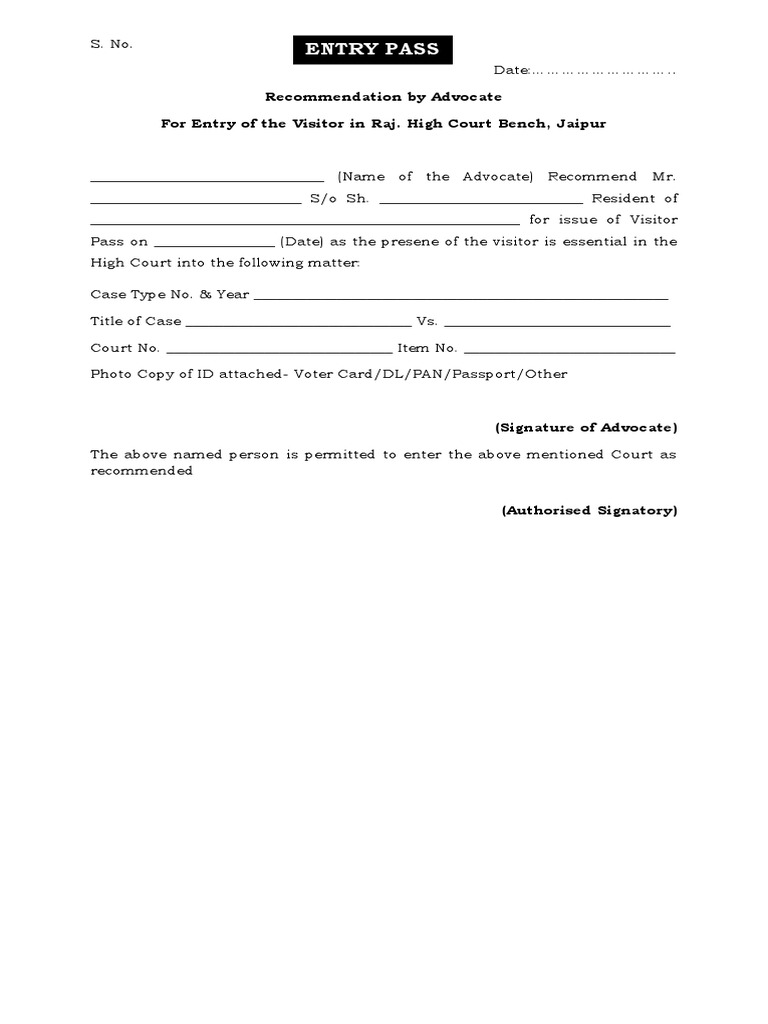 Entry Pass Format- Rajasthan High Court | Document | International Law ...