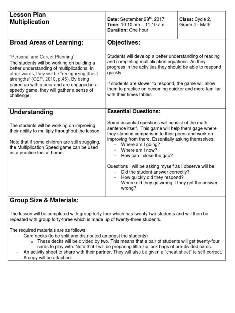 Lesson Plan Multiplication: Essential Questions | PDF | Competence ...