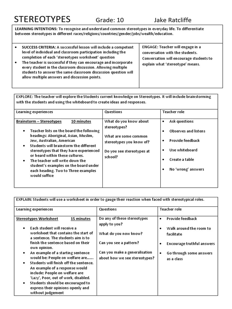 Lesson Plan 1 E5 Model | PDF | Stereotypes | Brainstorming