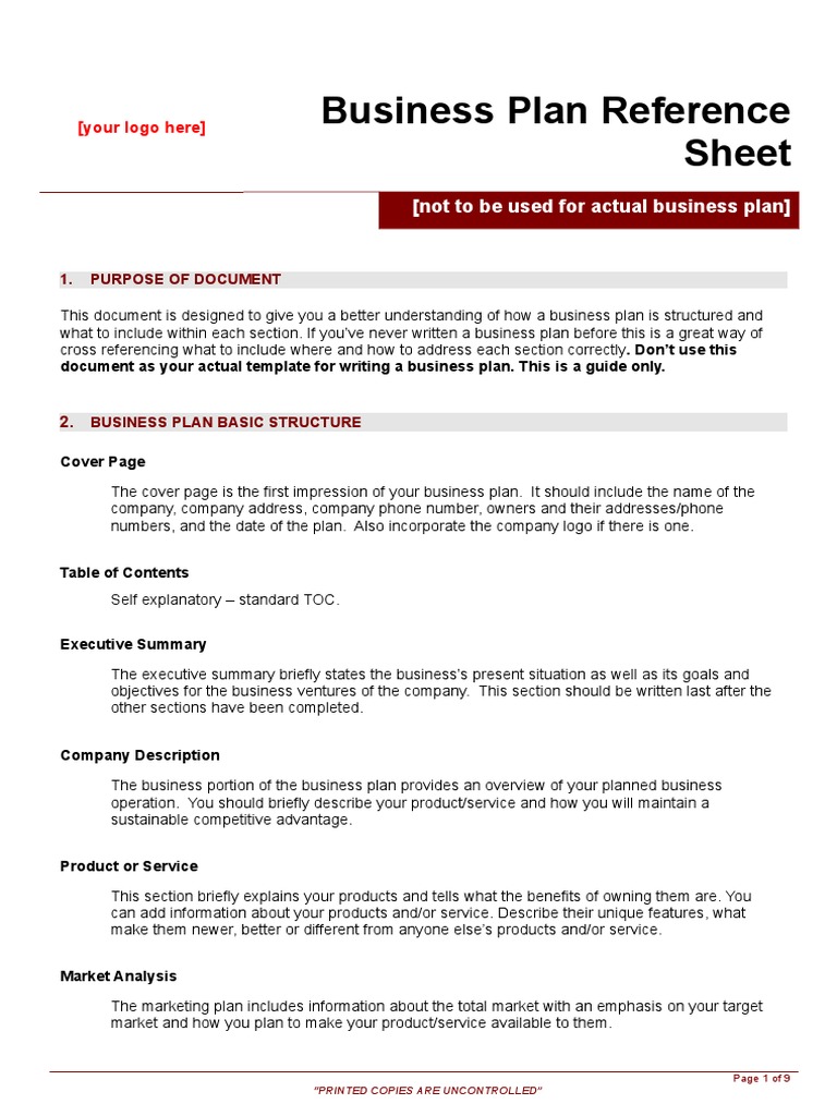 Business Plan Reference Sheet | PDF | Swot Analysis | Strategic Management