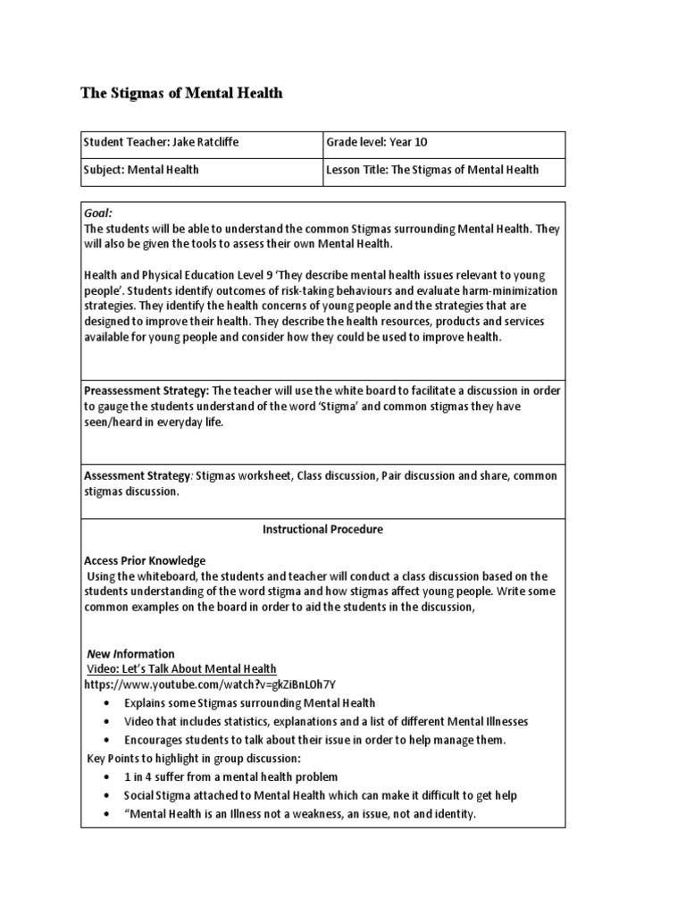 Lesson Plan 2 Ganag Model | PDF | Mental Health | Social Stigma