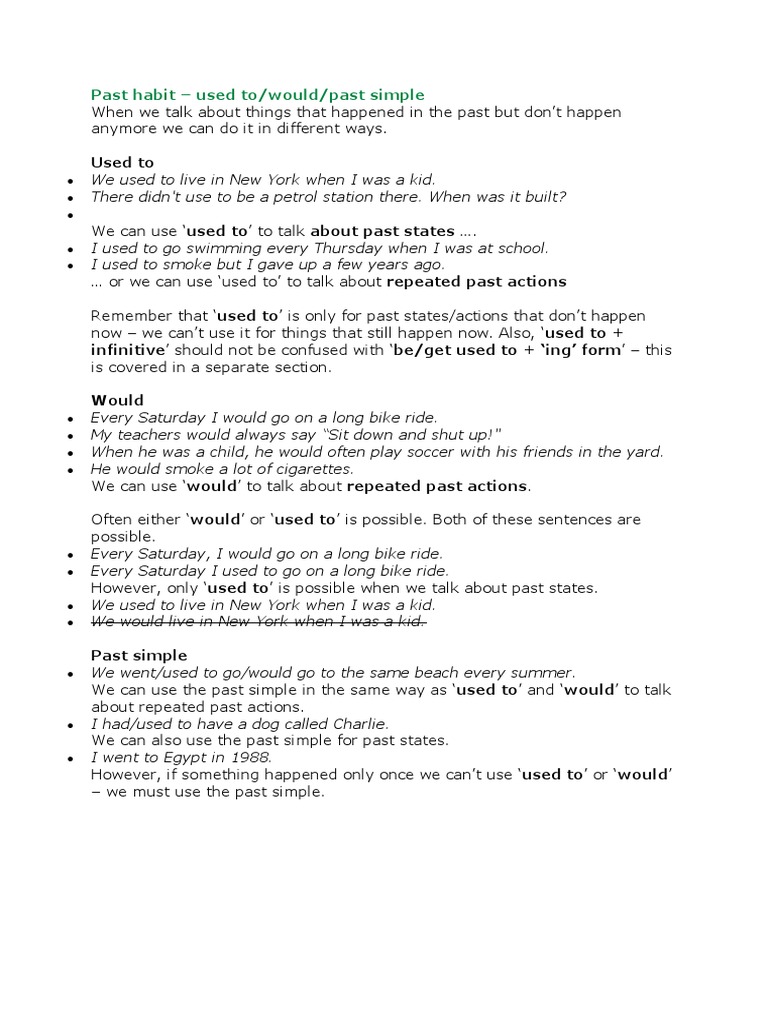 Past Habit - Used To+would+past Simple | PDF