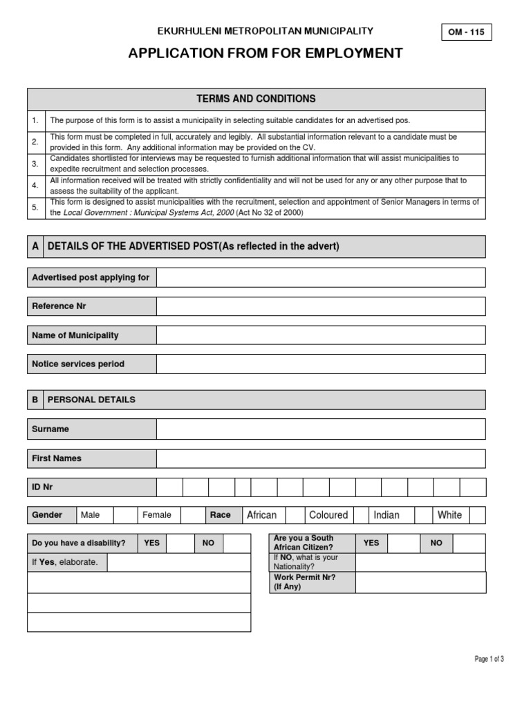 Application From For Employment: Ekurhuleni Metropolitan Municipality ...