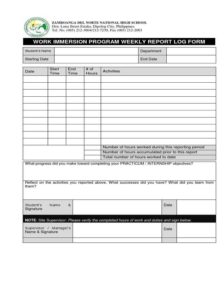 Work Immersion Program Weekly Report Log Form: Date Start Time End Time ...