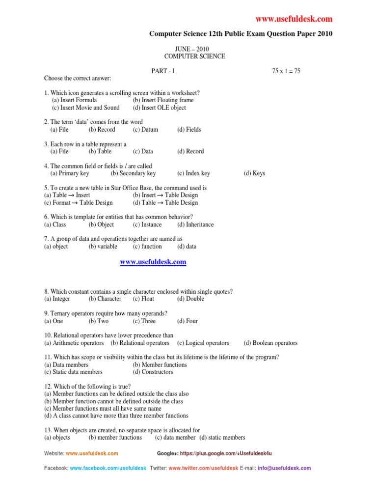 12th Public Exam Question Paper 2010 Computer Science June Pdf Parameter Computer