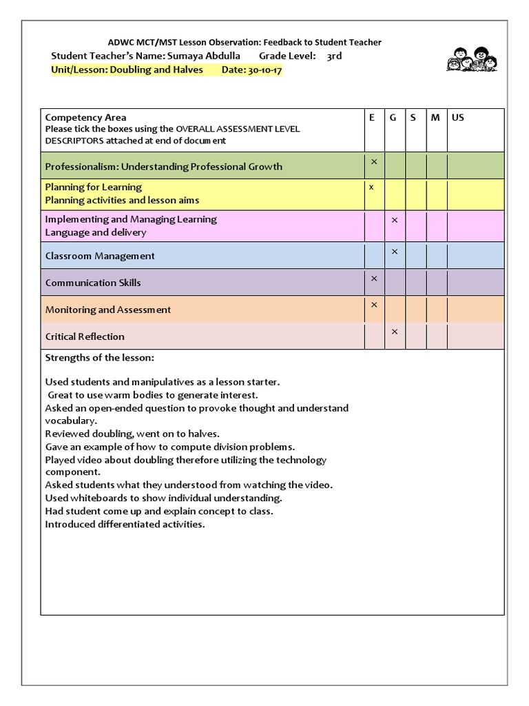 Adwc MCTMST Lesson Observation - Feedback To Student Teacher October ...