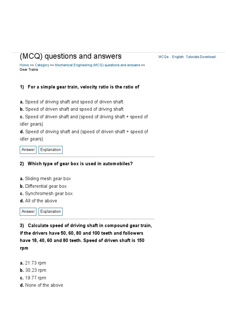 Gear Trains - Mechanical Engineering (MCQ) Questions and Answers | Gear ...