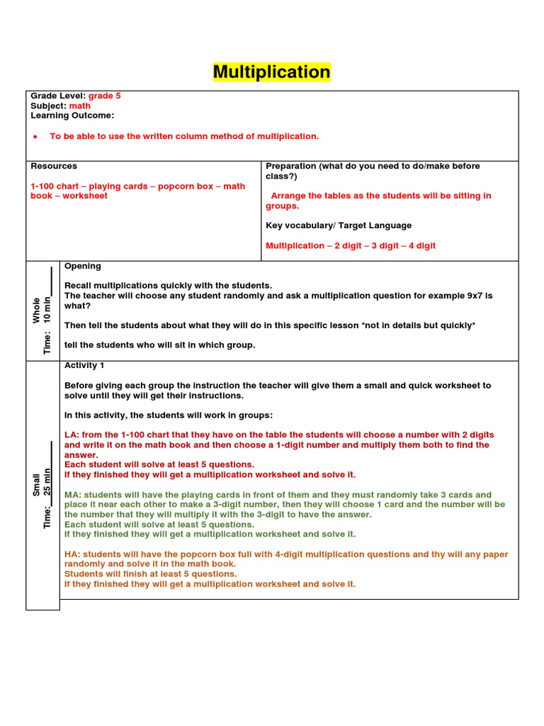 Lesson Plan - Multiplication | PDF | Multiplication | Lesson Plan