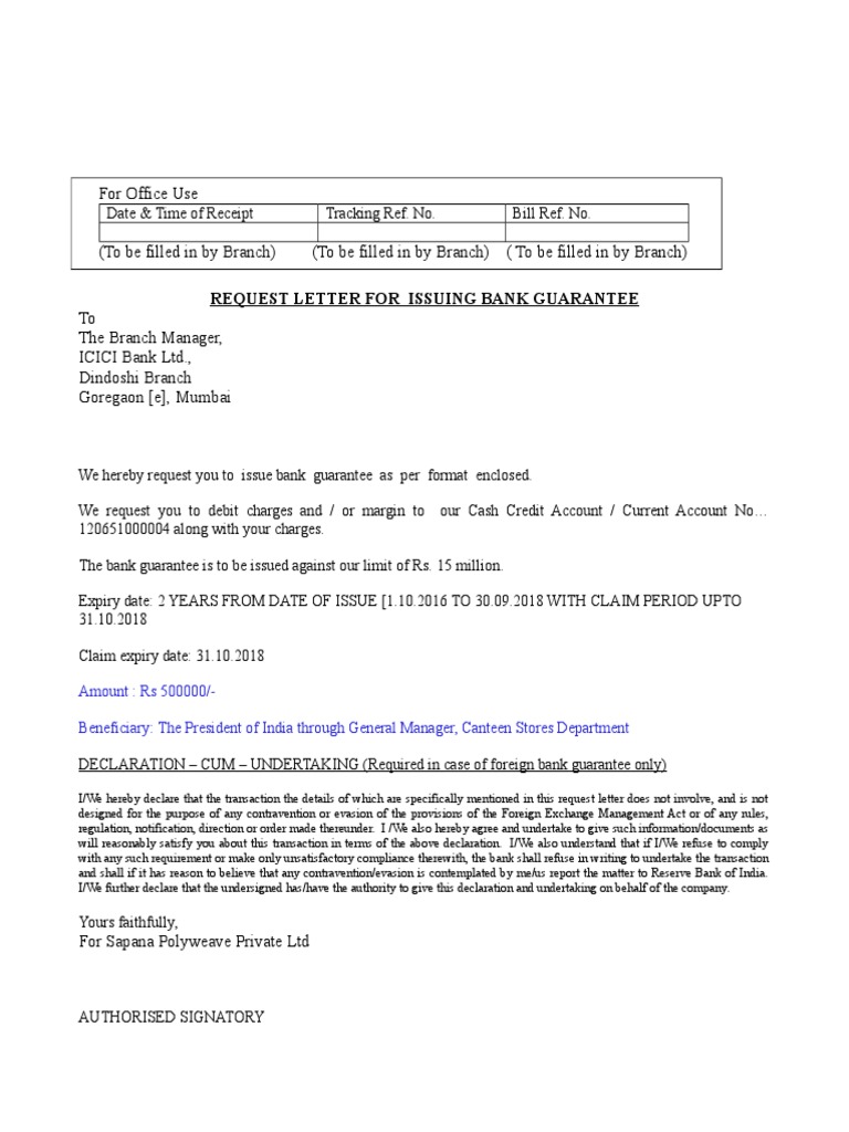 For Office Use: Request Letter For Issuing Bank Guarantee | PDF