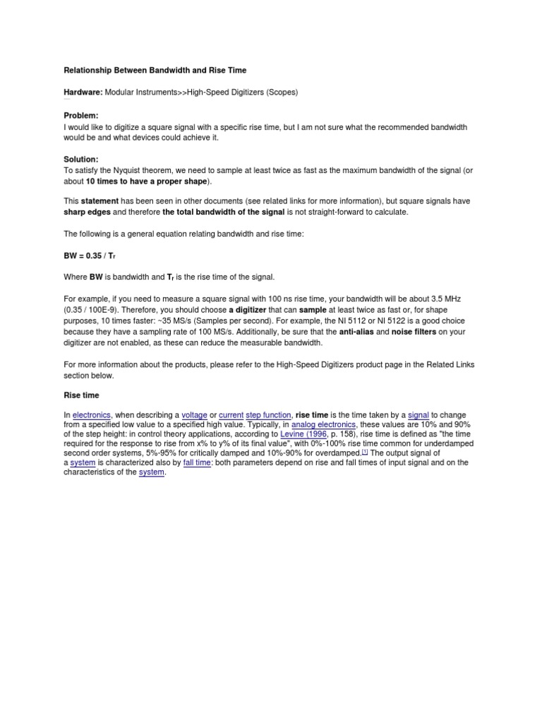 Relationship Between Bandwidth and Rise Time | PDF | Bandwidth ...