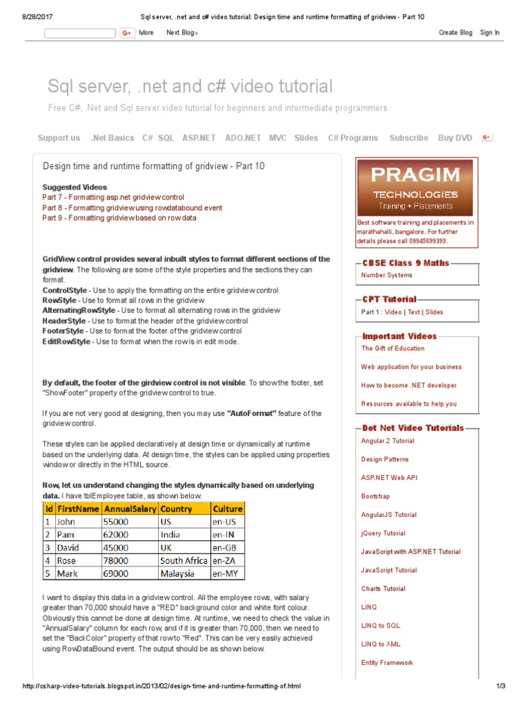 Design Time and Runtime Formatting of Gridview - Part 10: Support Us C# Programs Subscribe Buy ...