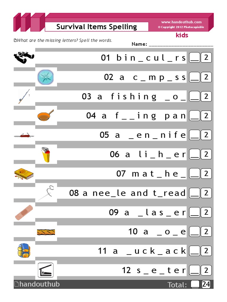 Kids Survival Items Scaffolded Spelling | PDF | Linguistics | Cognition