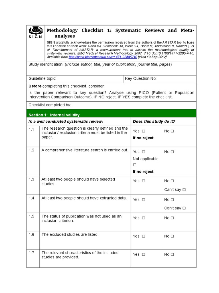Methodology Checklist 1 Systematic Reviews and Meta-Analyses | PDF ...