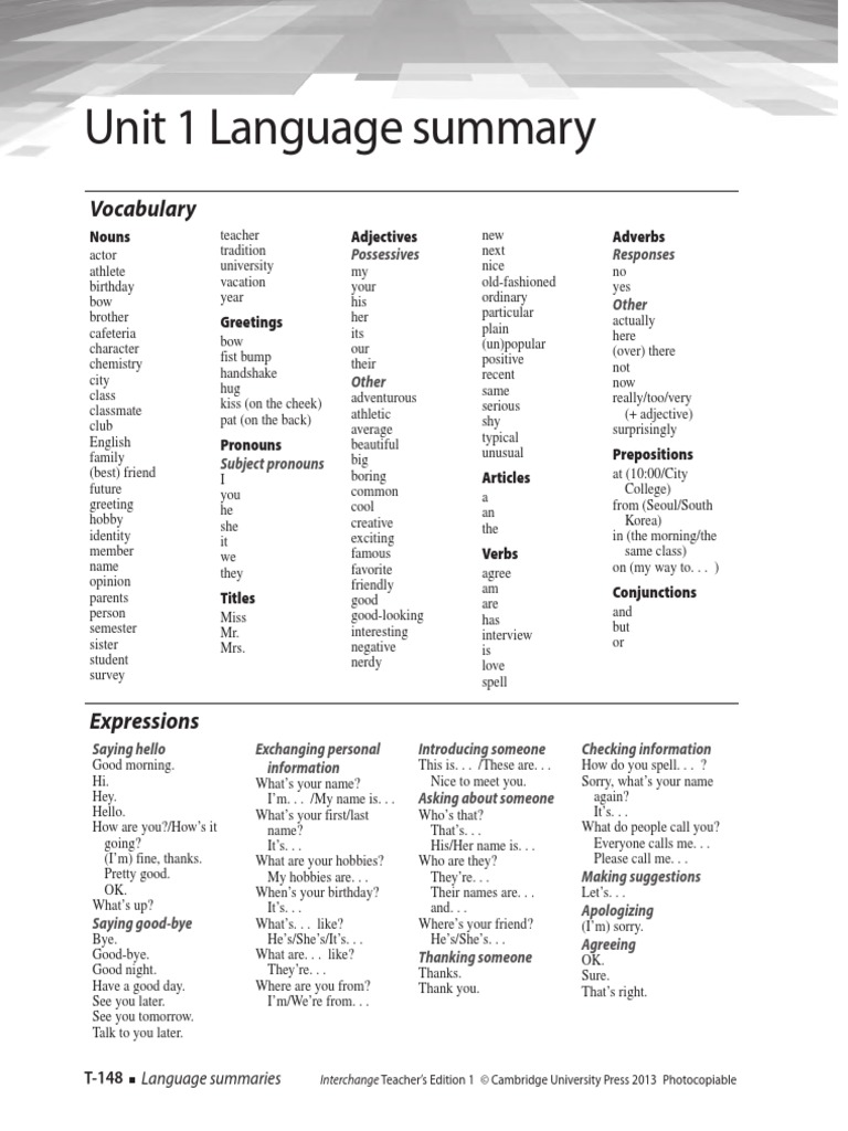Interchange 4th Ed Level1 Language Summary Units 1 16 PDF | PDF | Adjective | Verb