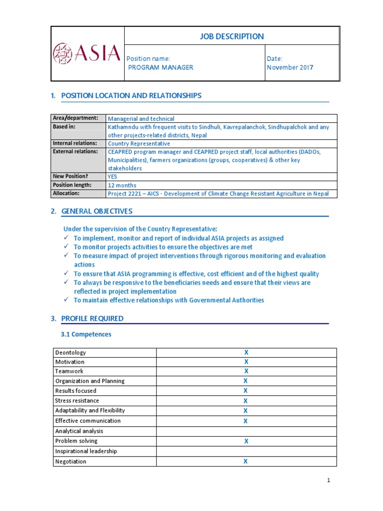 Program Manager Job Description - ASIA | PDF | Leadership | Cognition