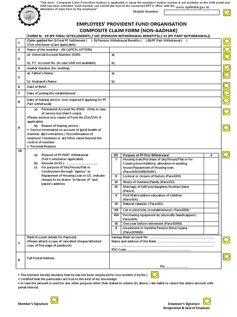 Instruction To Fill Form 10C (Without Aadhar) | PDF | Cheque | Banking