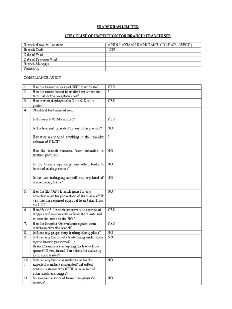 Checklist of Branch Franchisee Visit | PDF | Payments | Business