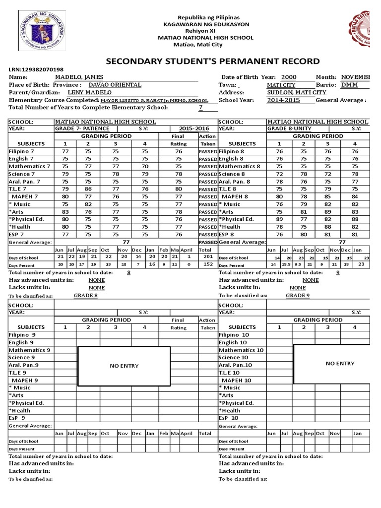 Secondary Student'S Permanent Record | PDF | Quality Of Life | Schools