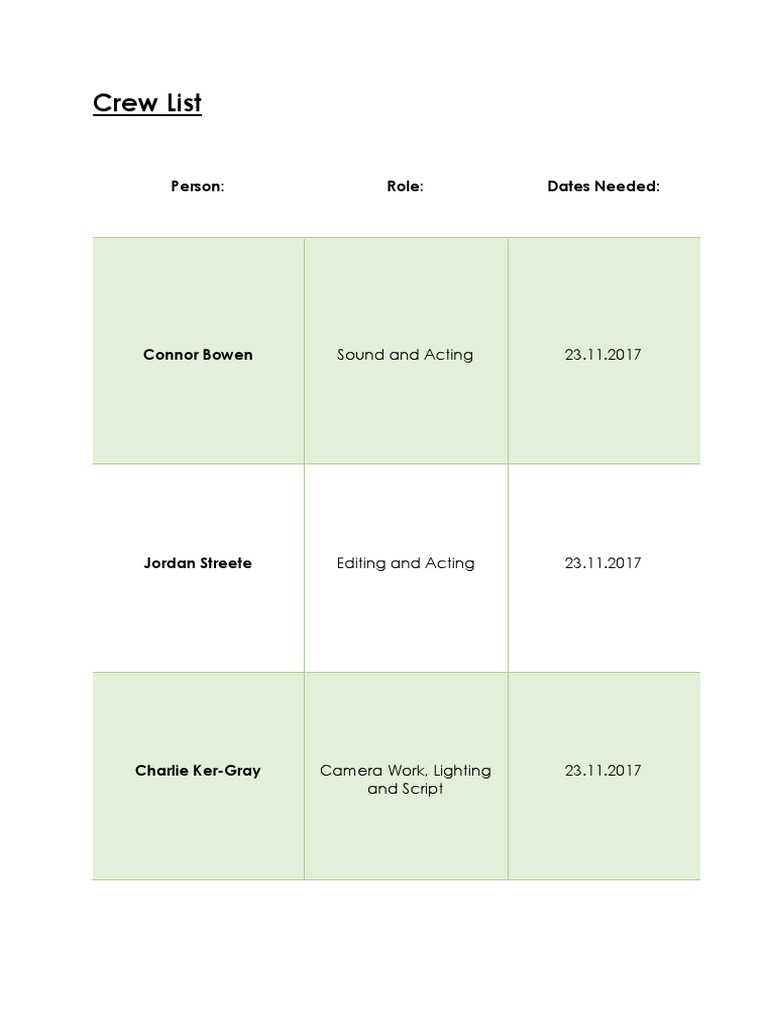 Crew List for Film Production | PDF