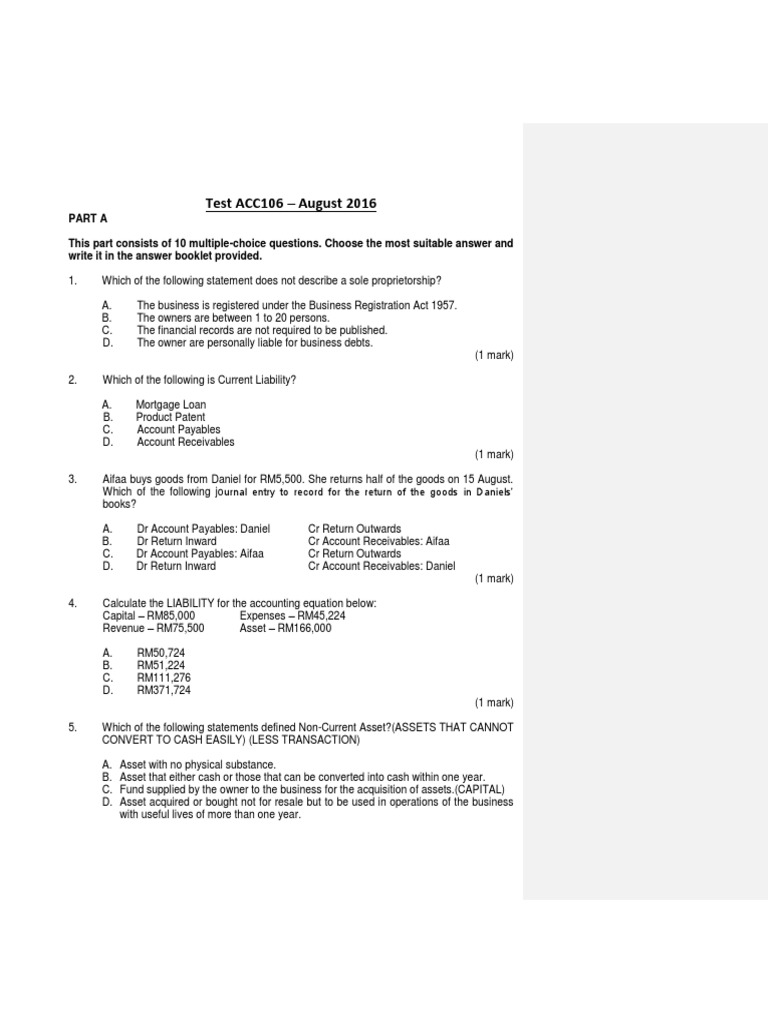 Compilation of Test ACC106 For Students | PDF | Debits And Credits ...