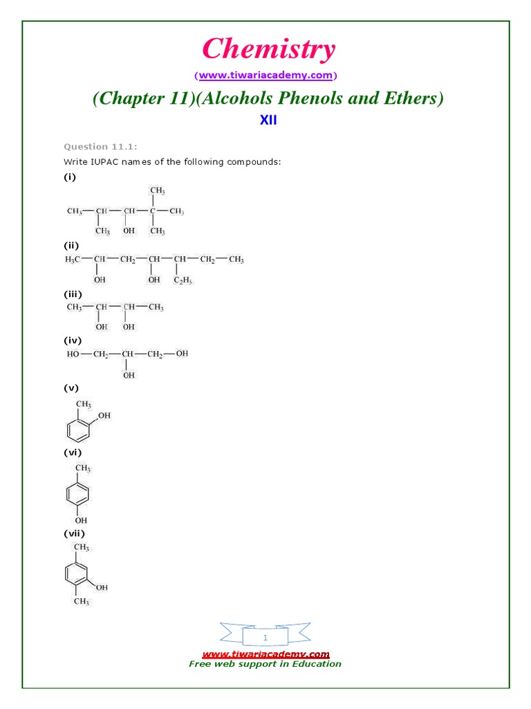 12 Chemistry NcertSolutions Chapter 11 Exercises | PDF | Ether | Alcohol