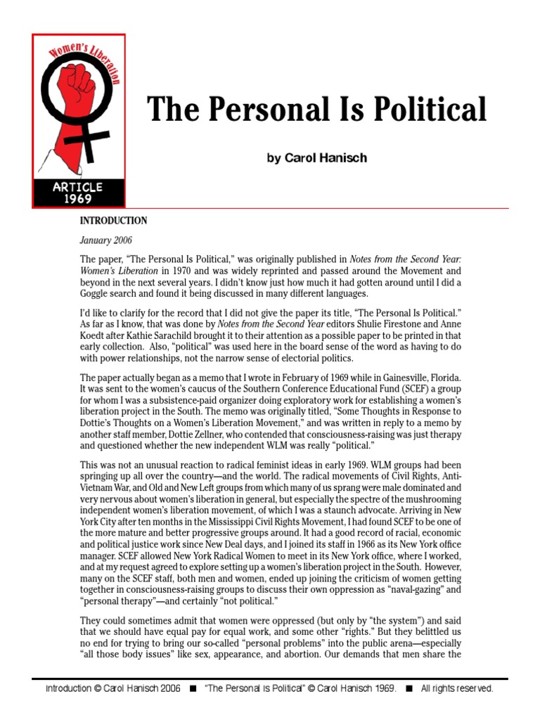 The Personal Is Political (1969) - Carol Hanisch | PDF | Feminism ...