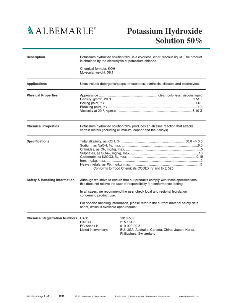 Potassium Hydroxide Solution 50%: Description | PDF | Chemical ...