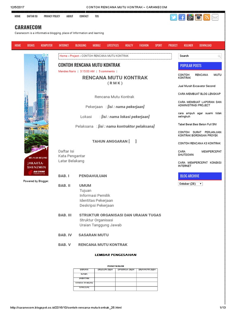 Contoh Rencana Mutu Kontrak - Caranecom | PDF
