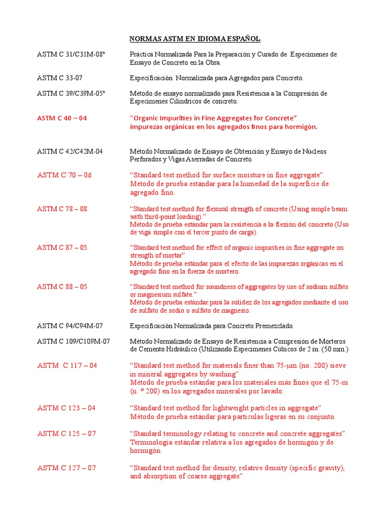 Normas Astm en Idioma Español e Ingles | Hormigón | Materiales de ...