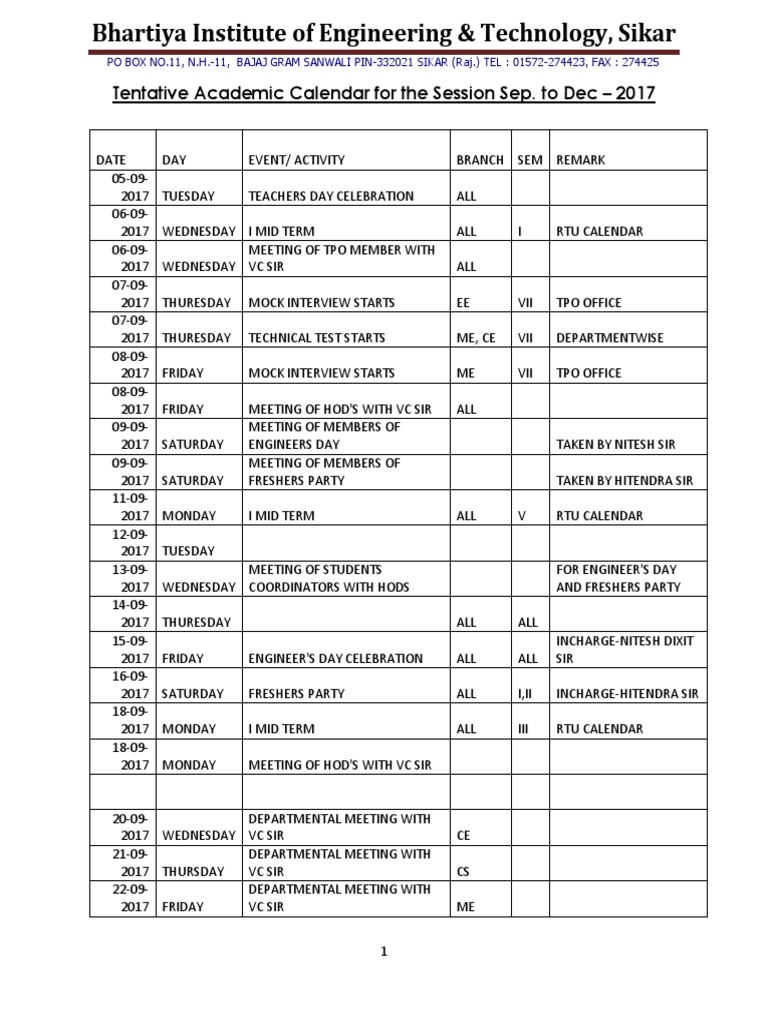 Tentative Academic Calendar For The Session Sep. To Dec - 2017 | PDF ...