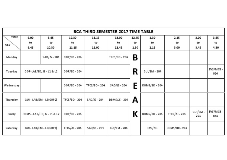 Bca Third Semester 2017 Time Table | PDF