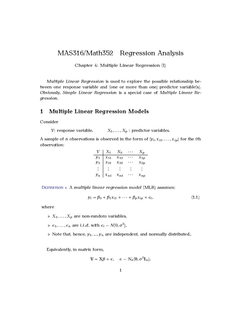MAS316/Math352 Regression Analysis: 1 Multiple Linear Regression Models | PDF | Errors And ...
