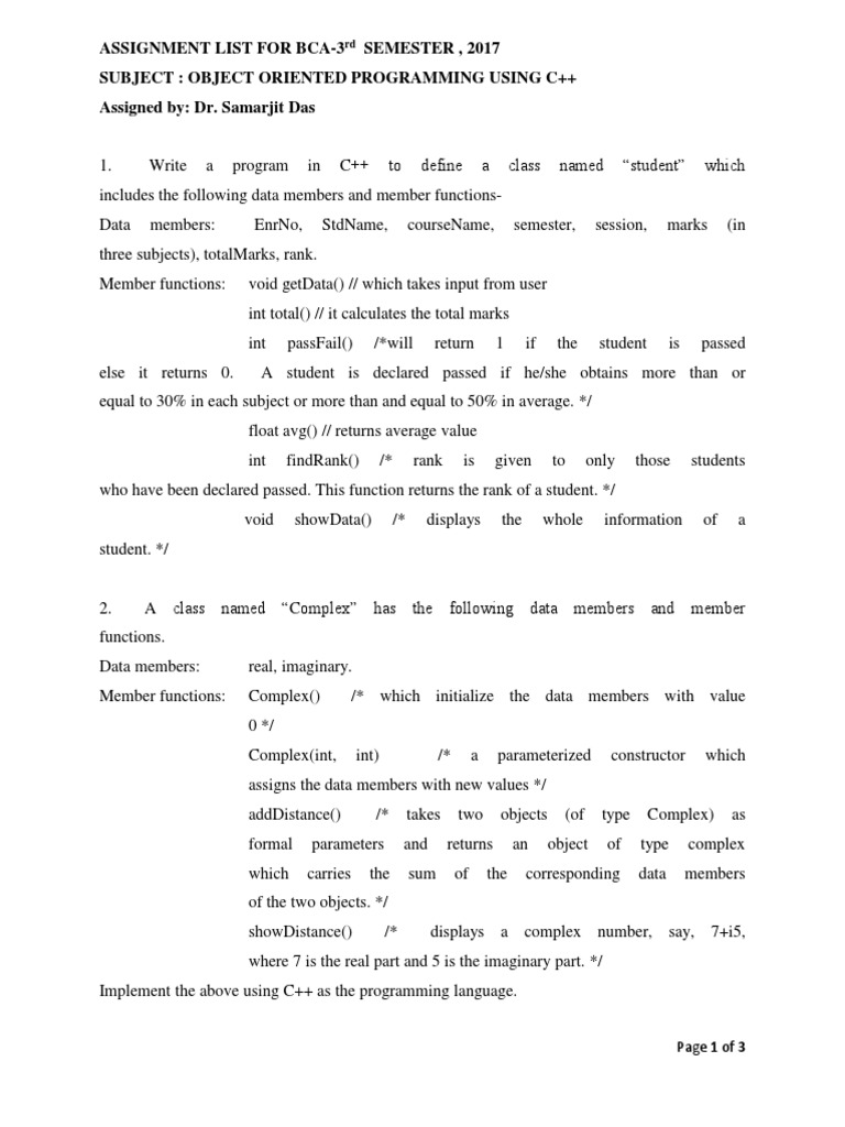 Assignment List For Bca 3 Semester 2017 Subject Object Oriented Programming Using C Assigned 8962