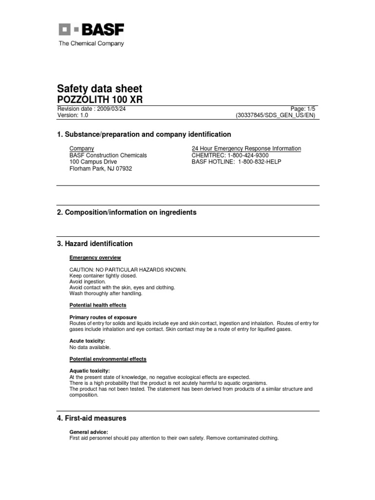 MSDS Pozzolith® 100 XR | PDF | Firefighting | Toxicity