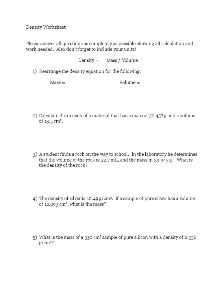 Density Worksheet 2 | PDF | Density | Applied And Interdisciplinary Physics