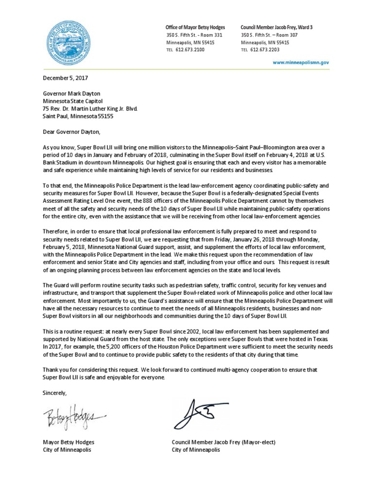 Minneapolis Mayor's Officelletter To Gov. Dayton About The National ...