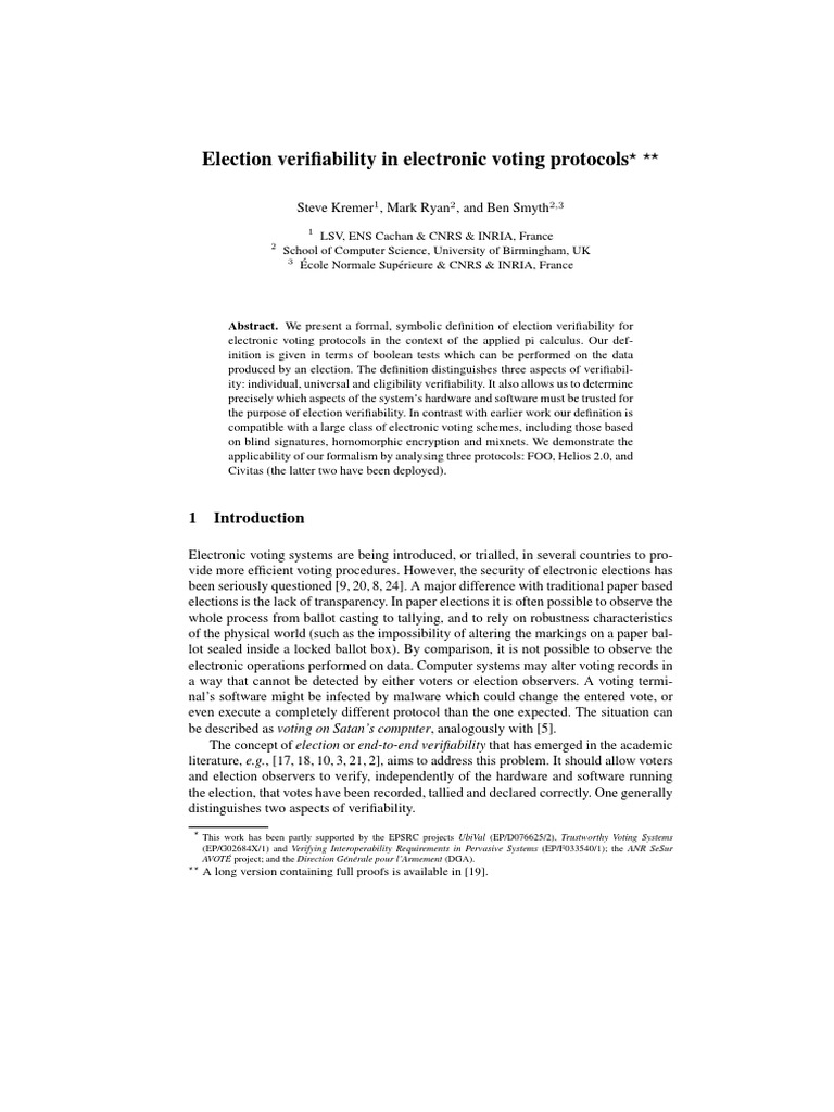 Election Verifiability in Electronic Voting Protocols by Kremer and Ryan 2010 | Download Free ...