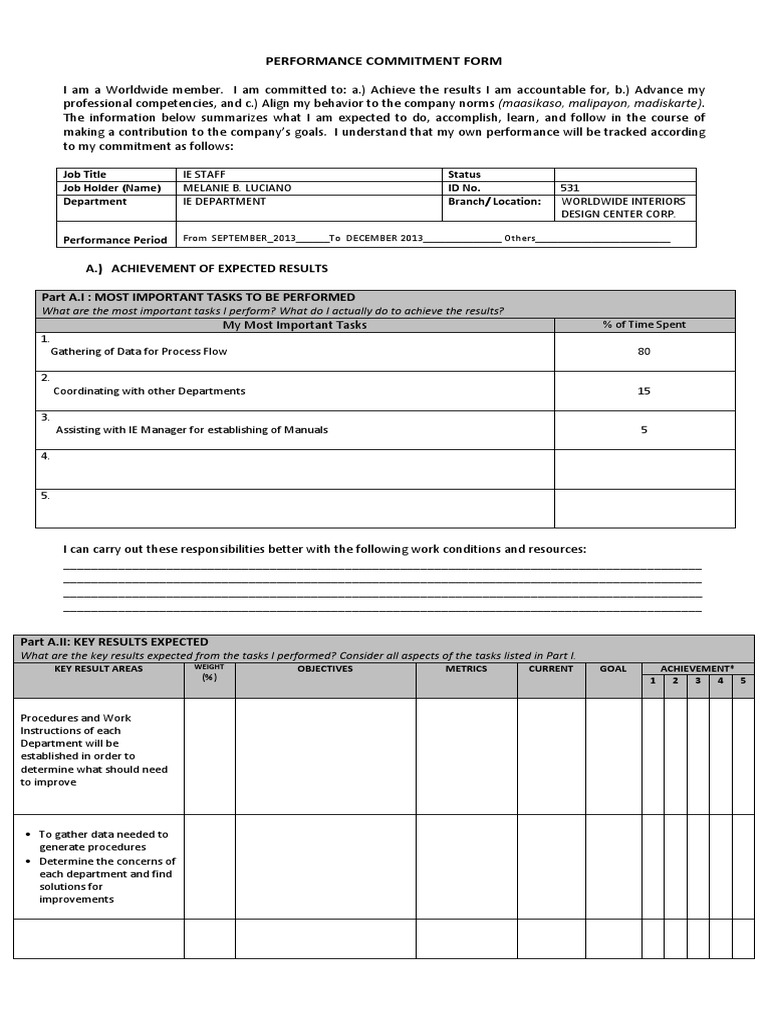 Performance Commitment Form: A.) Achievement Of Expected Results Part A ...