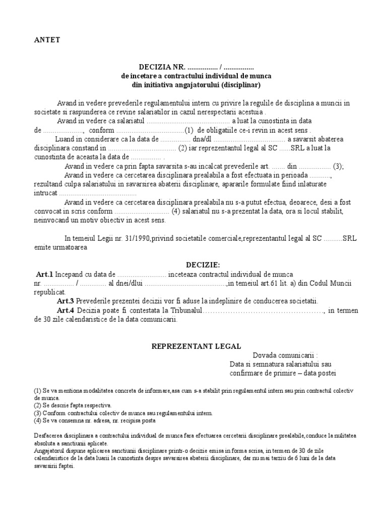 Decizie Incetare CIM Disciplinar | PDF